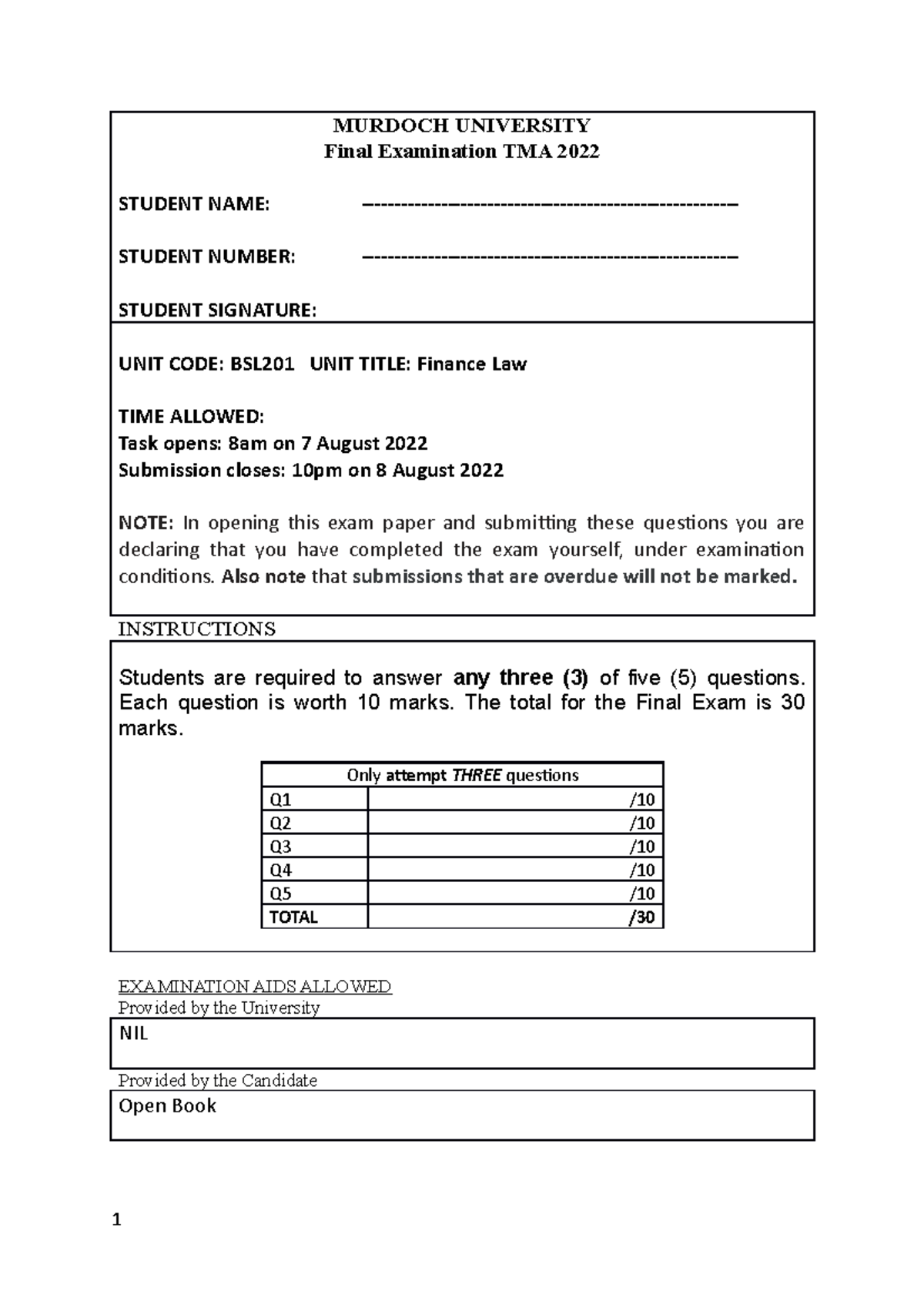 BSL201 Exam Paper - MURDOCH UNIVERSITY Final Examination TMA 2022 ...