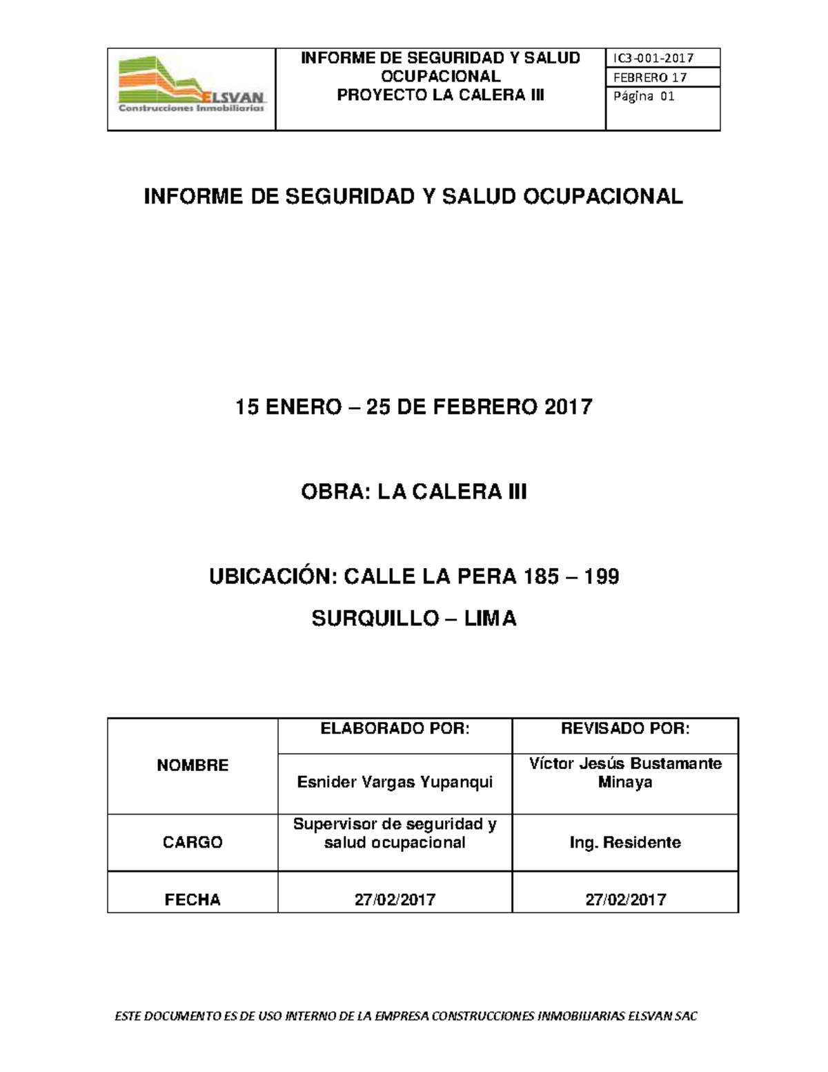 Informe DE Seguridad Y Salud Ocupacional - INFORME DE SEGURIDAD Y SALUD OCUPACIONAL PROYECTO LA ...