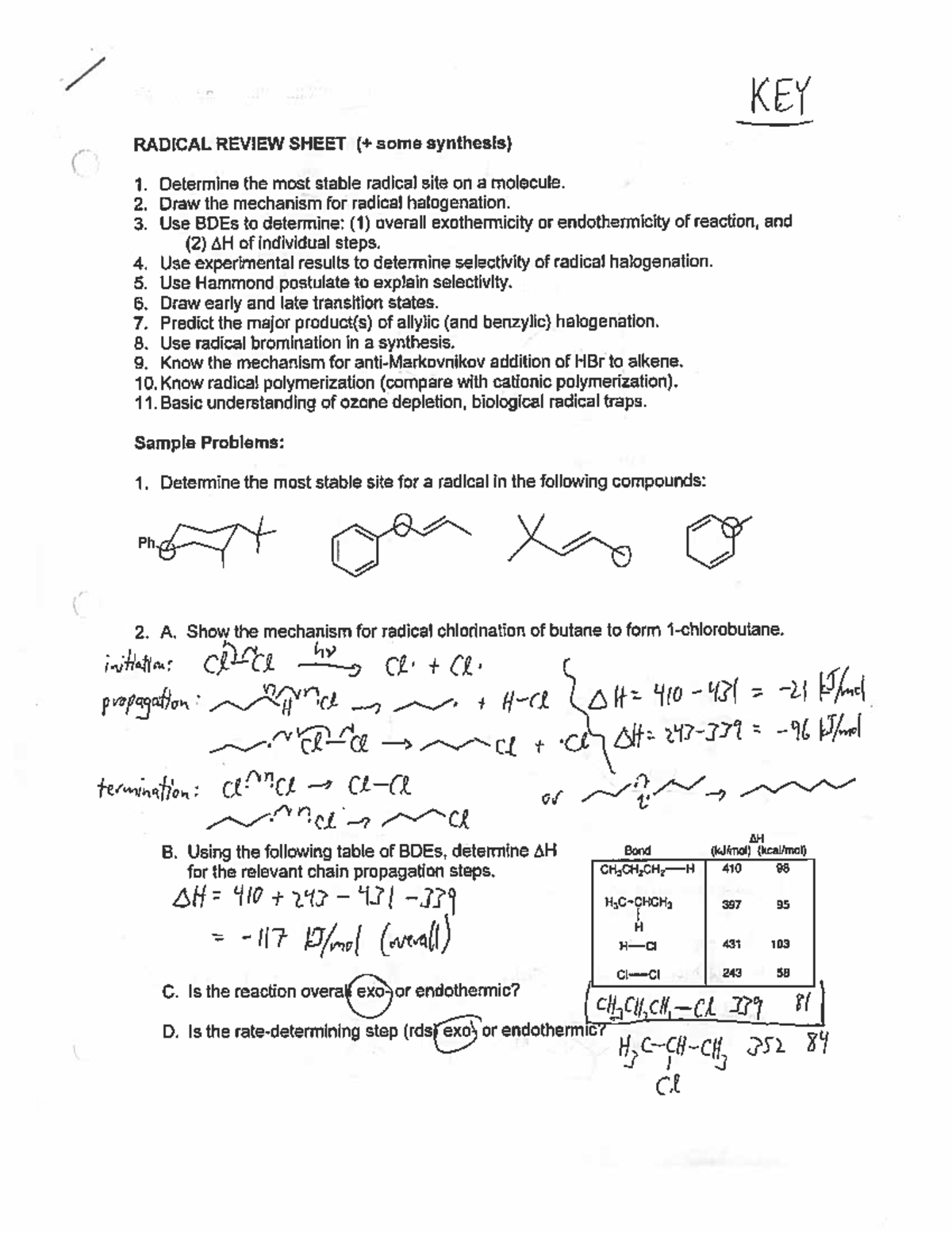 Radical Review Sheet-KEY - LE1 RADICAL REVIEW SHEET some synthesis ...