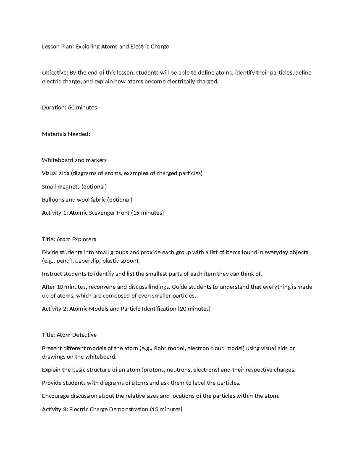 ELectric Charges Lesson Guide - Lesson Plan: Exploring Atoms and ...