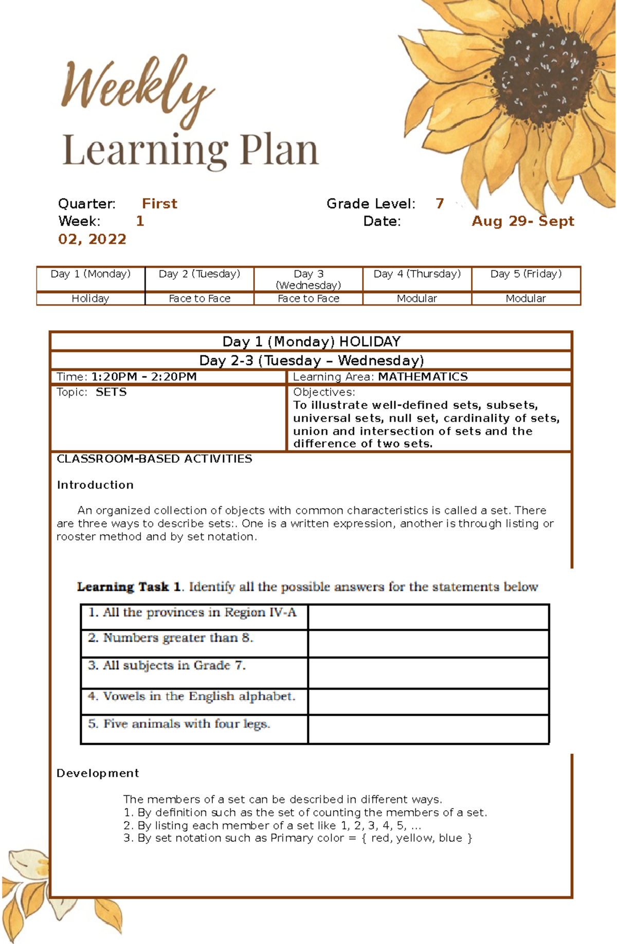 Math 7 Week 1 - weekly home learning plan - Quarter: First Grade Level ...