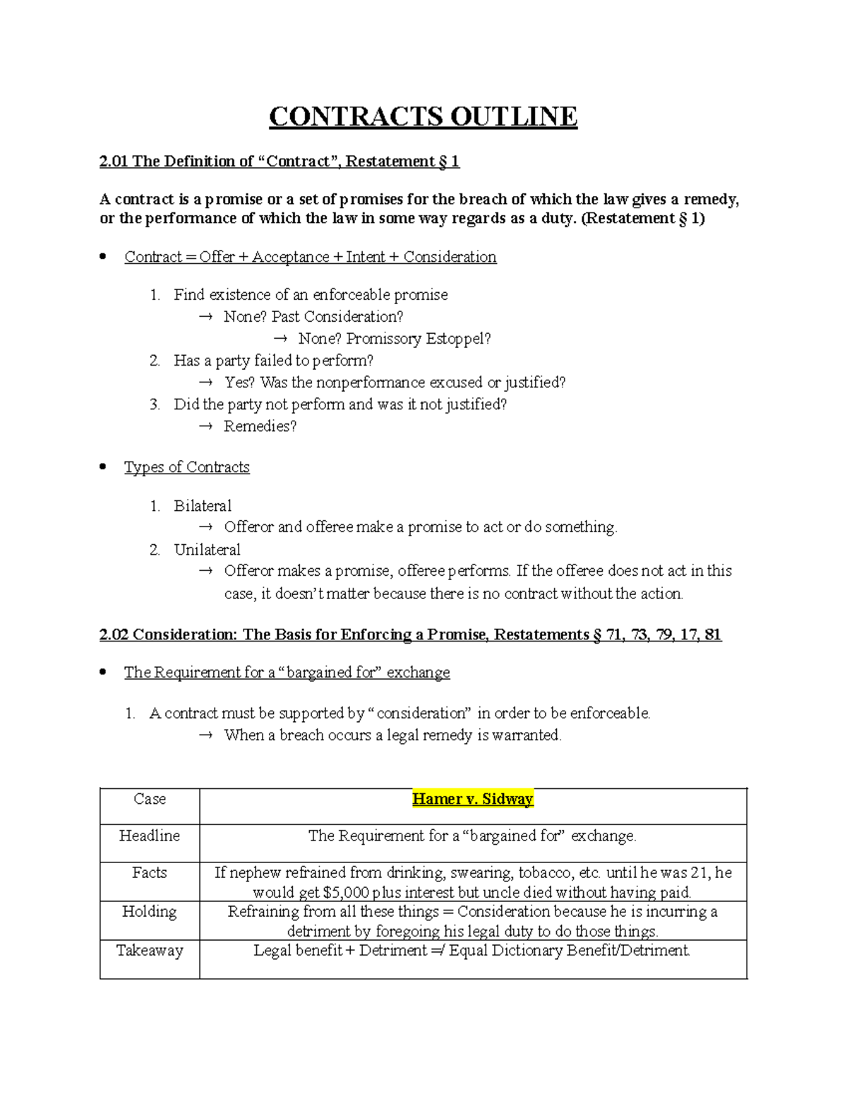 Contracts Outline - CONTRACTS OUTLINE 2 The Definition of “Contract ...