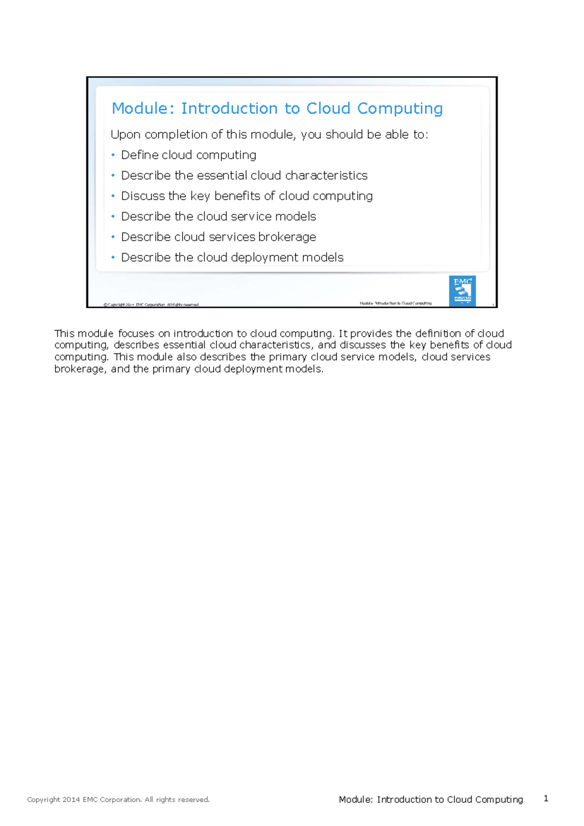 Chapter 1 Cloud computing - © Copyright 2014 EMC Corporation. All rights reserved.© Copyright ...