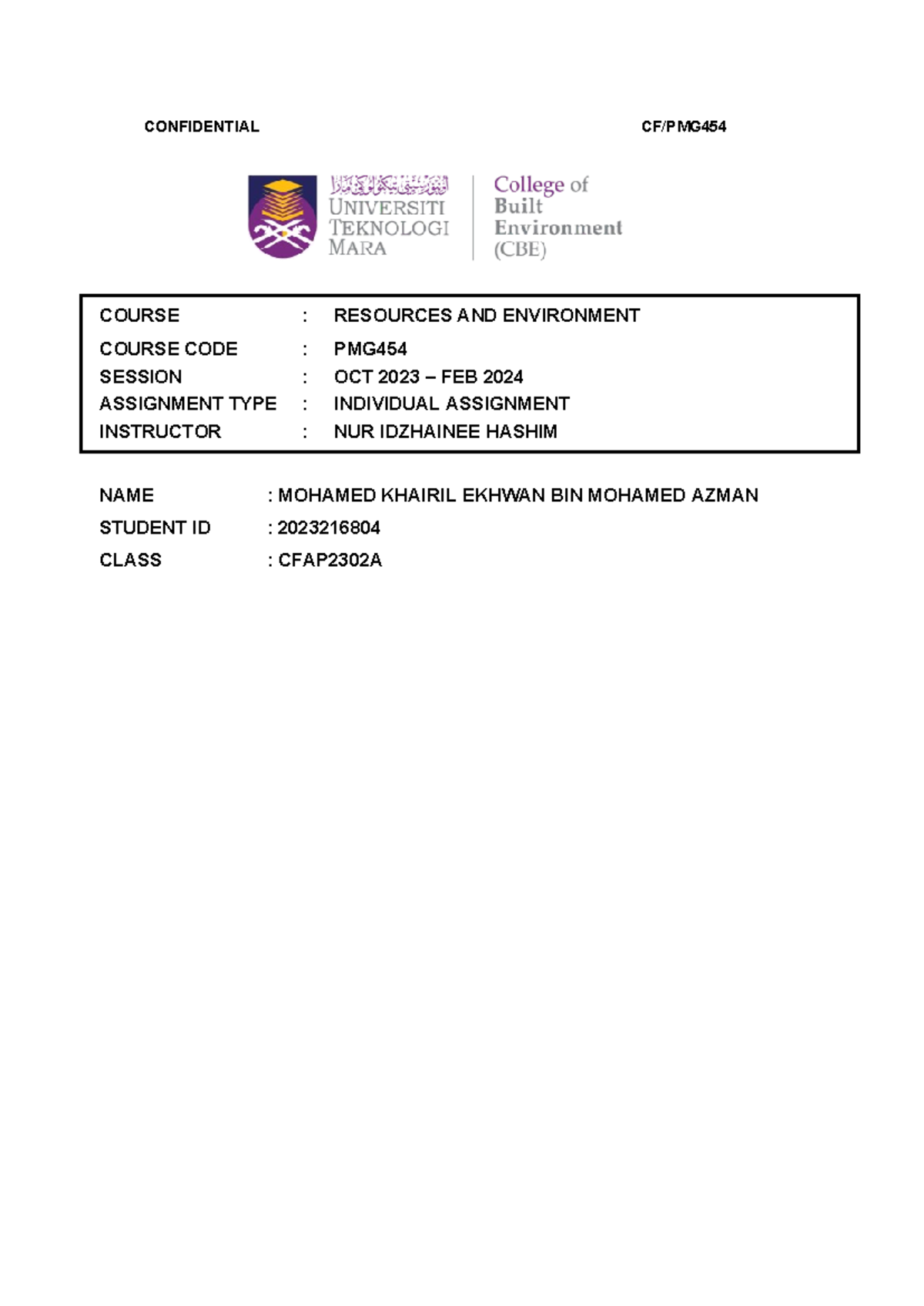 Individual Assignment PMG454 ( Resource) - CONFIDENTIAL CF/PMG NAME ...