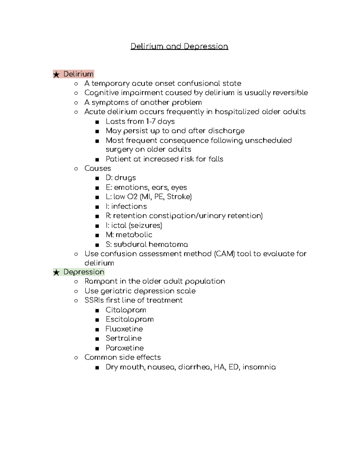 Delirium and Depression - Studocu