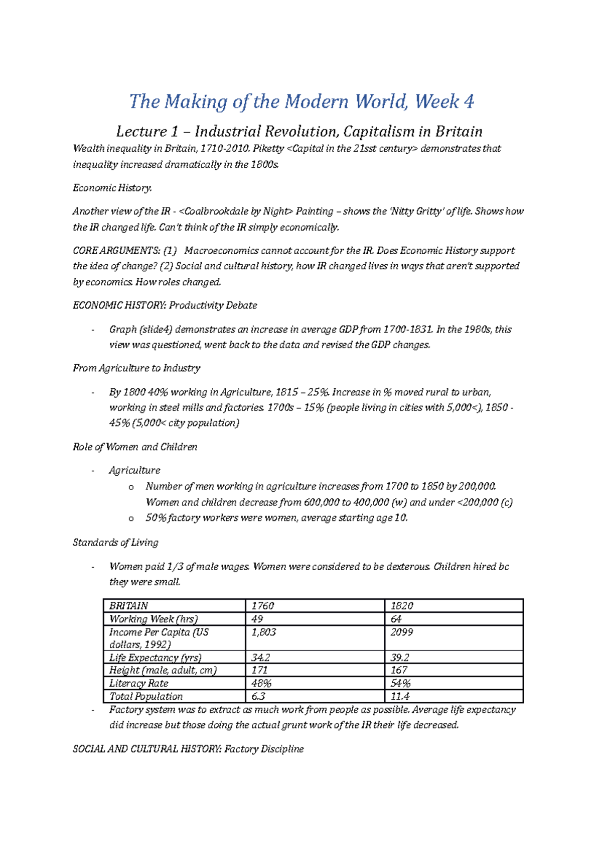 Week 4 - Lecture notes 5-6 - The Making of the Modern World, Week 4 ...