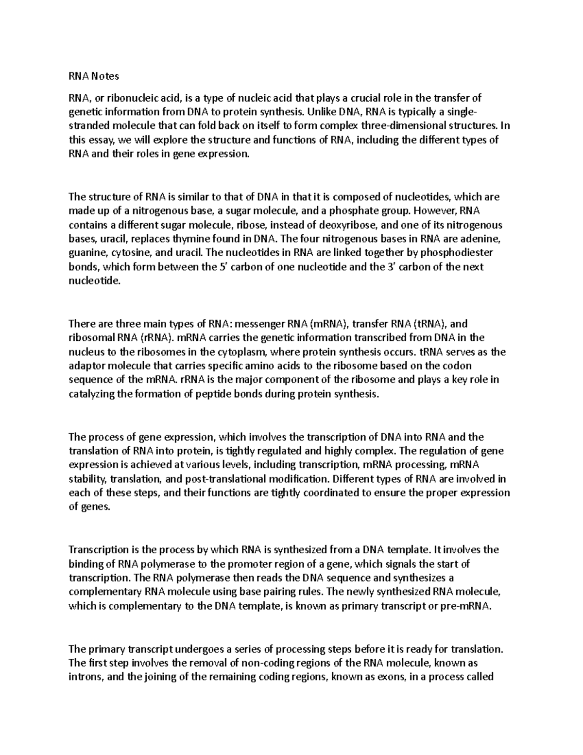 RNA Notes - RNA Notes RNA, or ribonucleic acid, is a type of nucleic ...