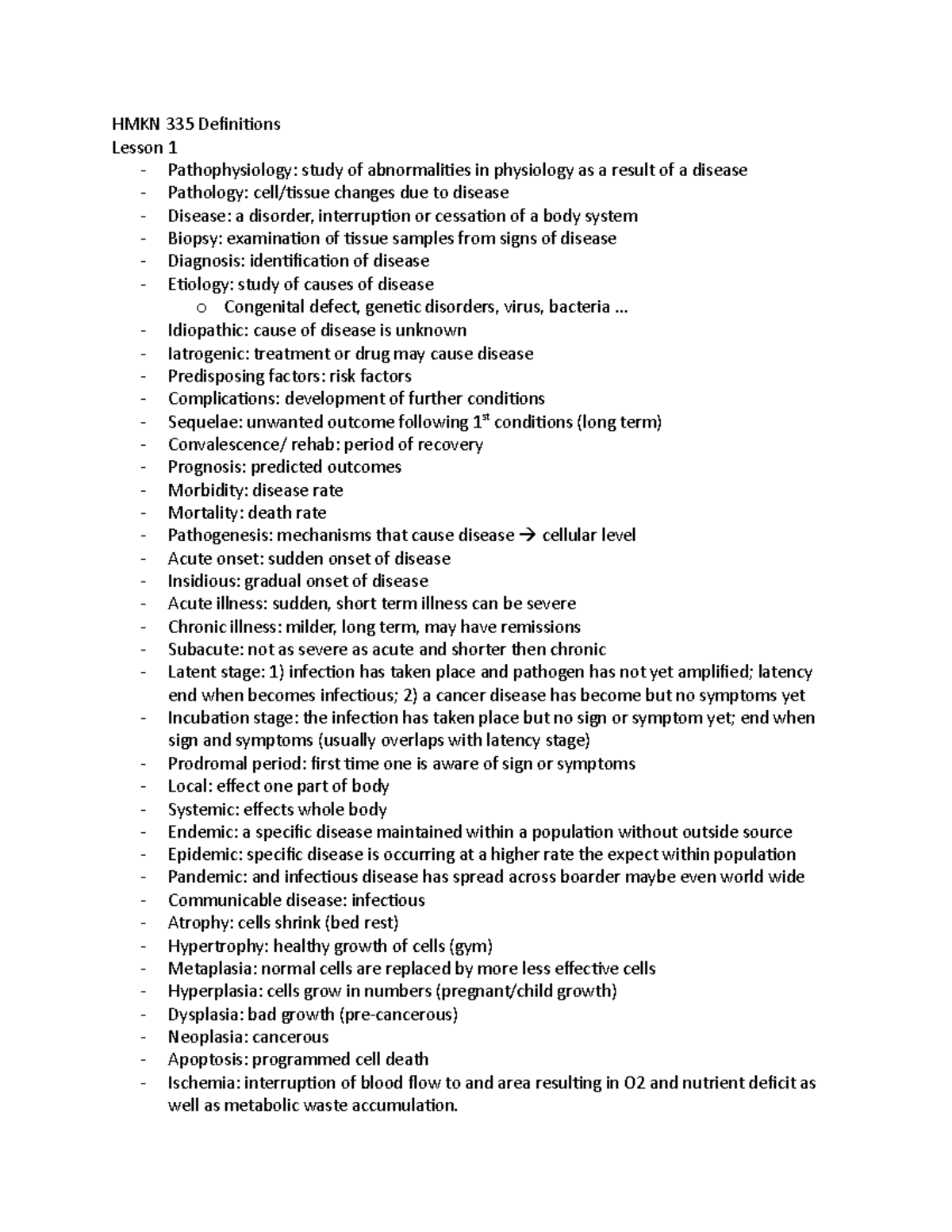 HMKN 335 Definitions - HMKN 335 Definitions Lesson 1 - Pathophysiology ...