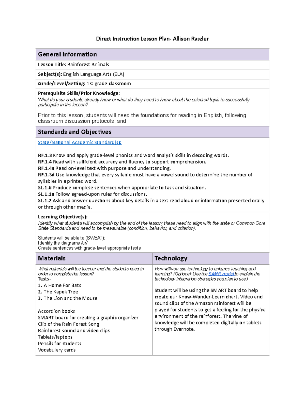 WGU Lesson Plan Example Direct Instruc on Lesson Plan Allison