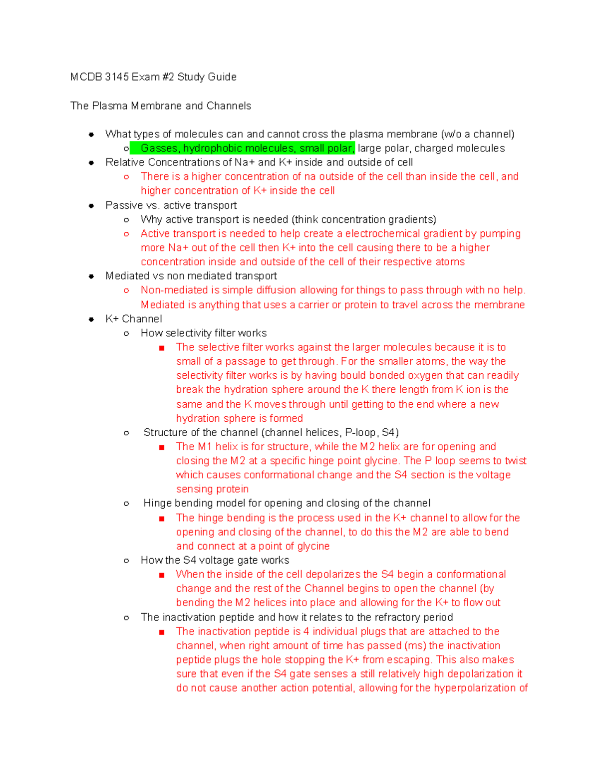 MCDB 3145 Exam 2 Study Guide - MCDB 3145 Exam #2 Study Guide The Plasma Membrane and Channels ...