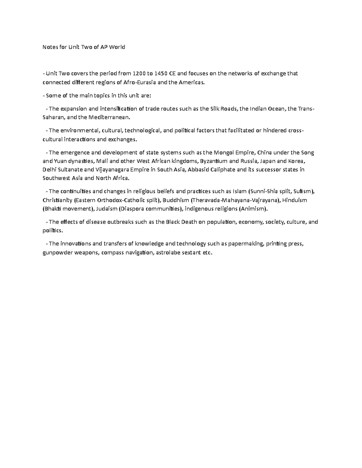 Notes for Unit Two of AP World - Notes for Unit Two of AP World Unit ...