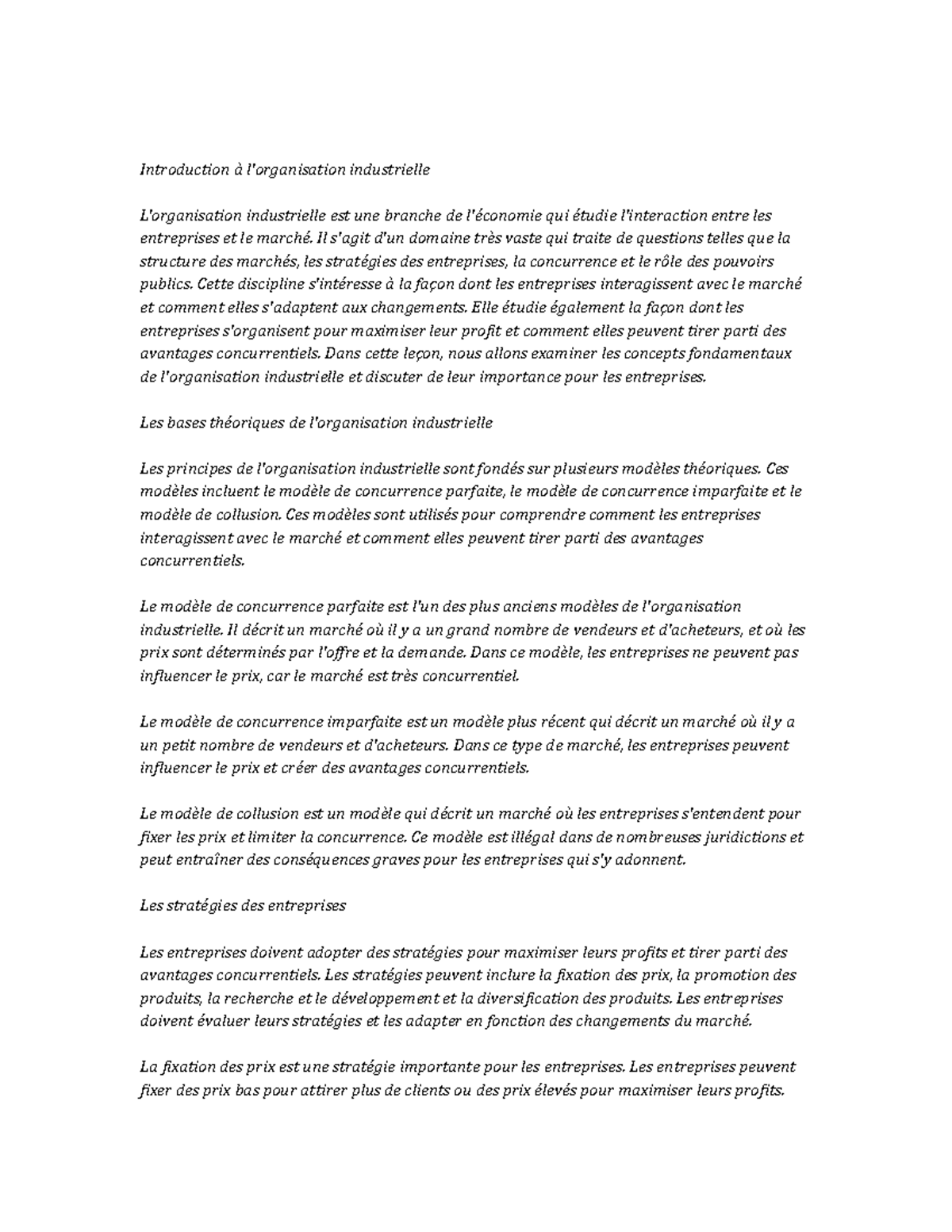 Industrial Organization note study - Introduction à l'organisation ...