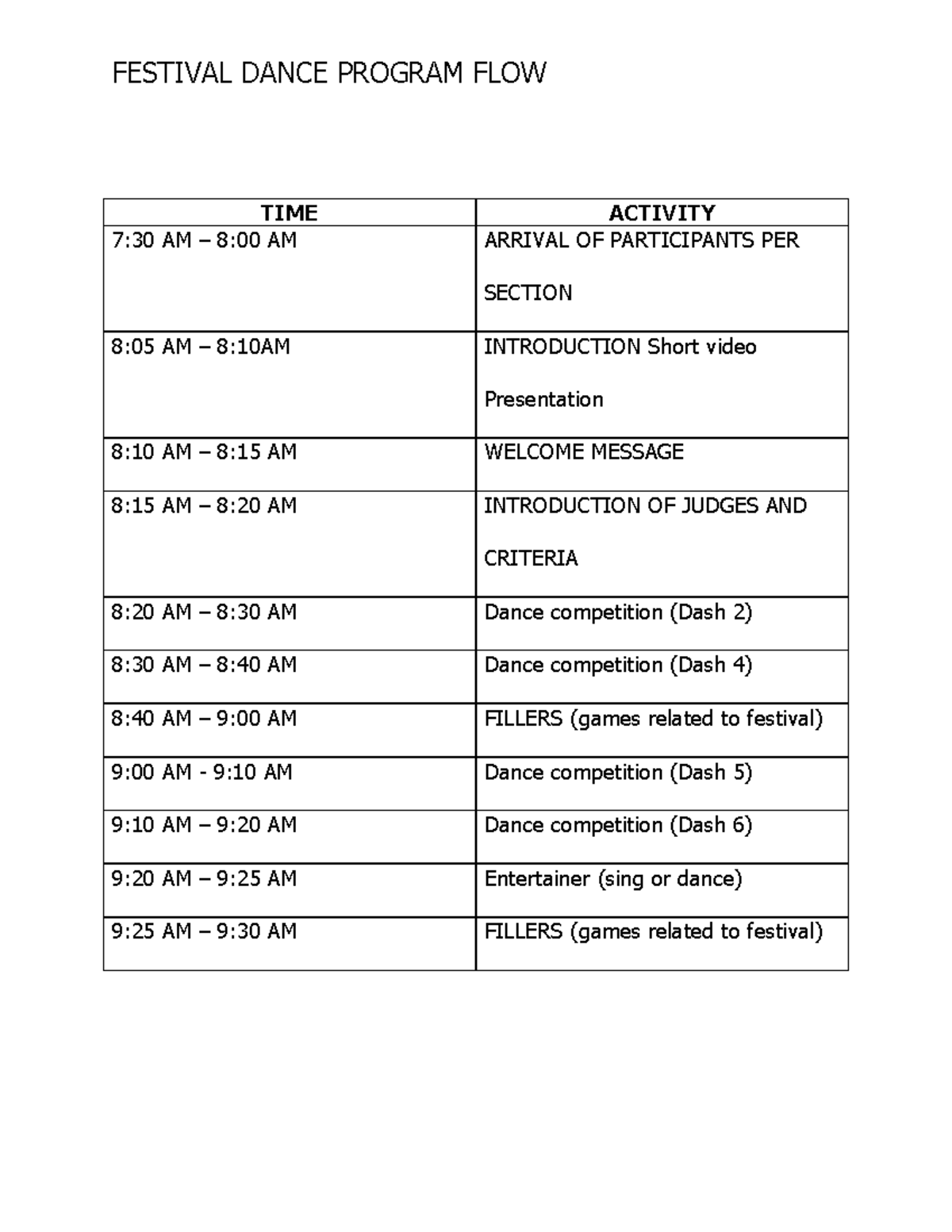 Festival Dance Program FLOW - FESTIVAL DANCE PROGRAM FLOW TIME ACTIVITY ...