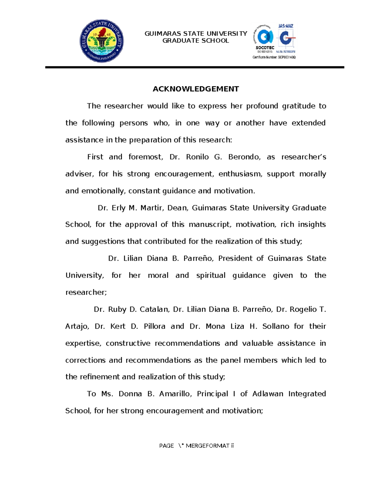 Acknowledgment Clotilde-F - GUIMARAS STATE UNIVERSITY GRADUATE SCHOOL ...