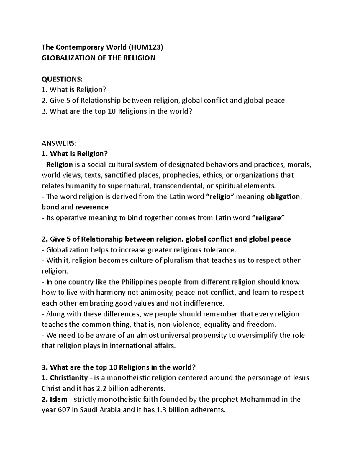 Globalization of the Religion (Assignment no. 3) - Contemporary World ...