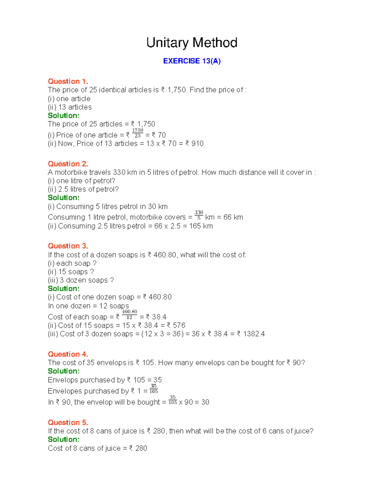 Unitary Method - notes - ncertbooksolutions EXERCISE 13(A) Question 1 ...