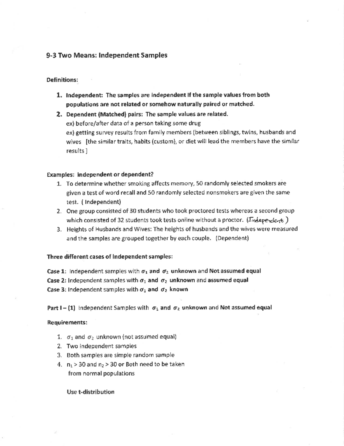 Class Lecture 9-3 - 9-3 Two Means: Independent Samples Definitions: 1 ...
