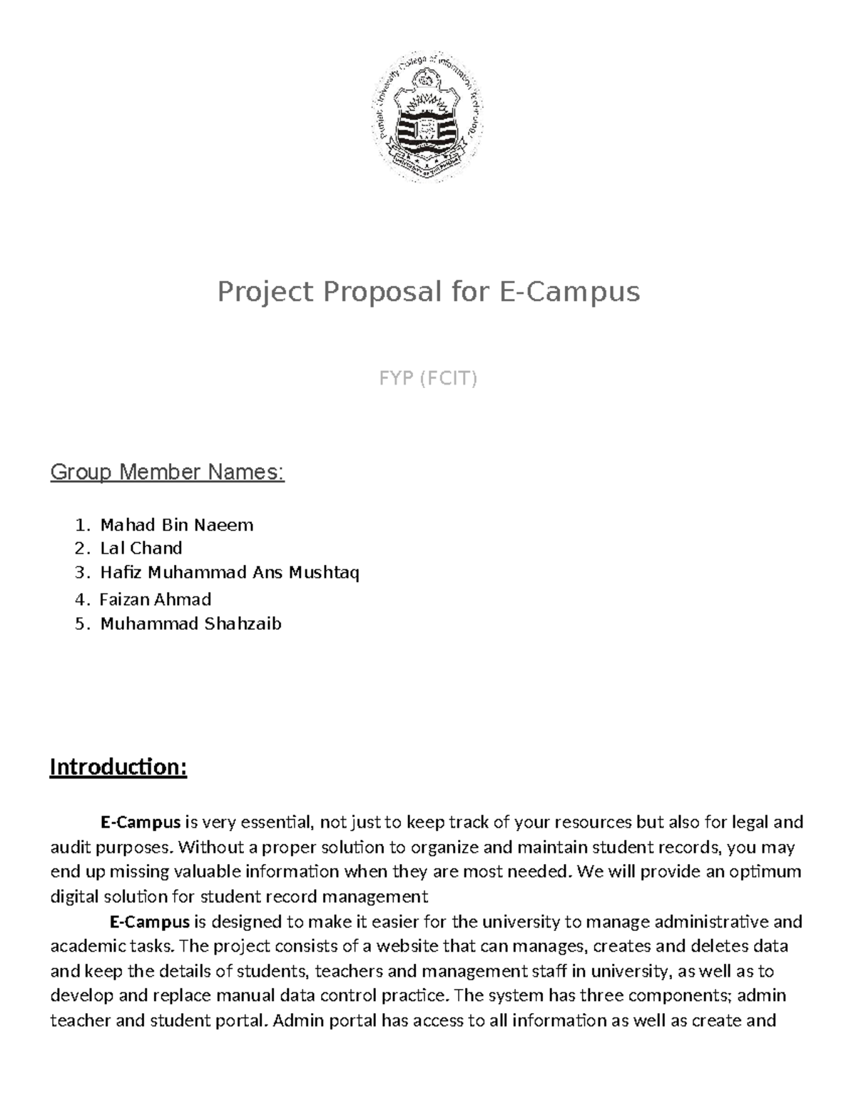 FYP project proposal 1 - Project Proposal for E-Campus FYP (FCIT) Group ...
