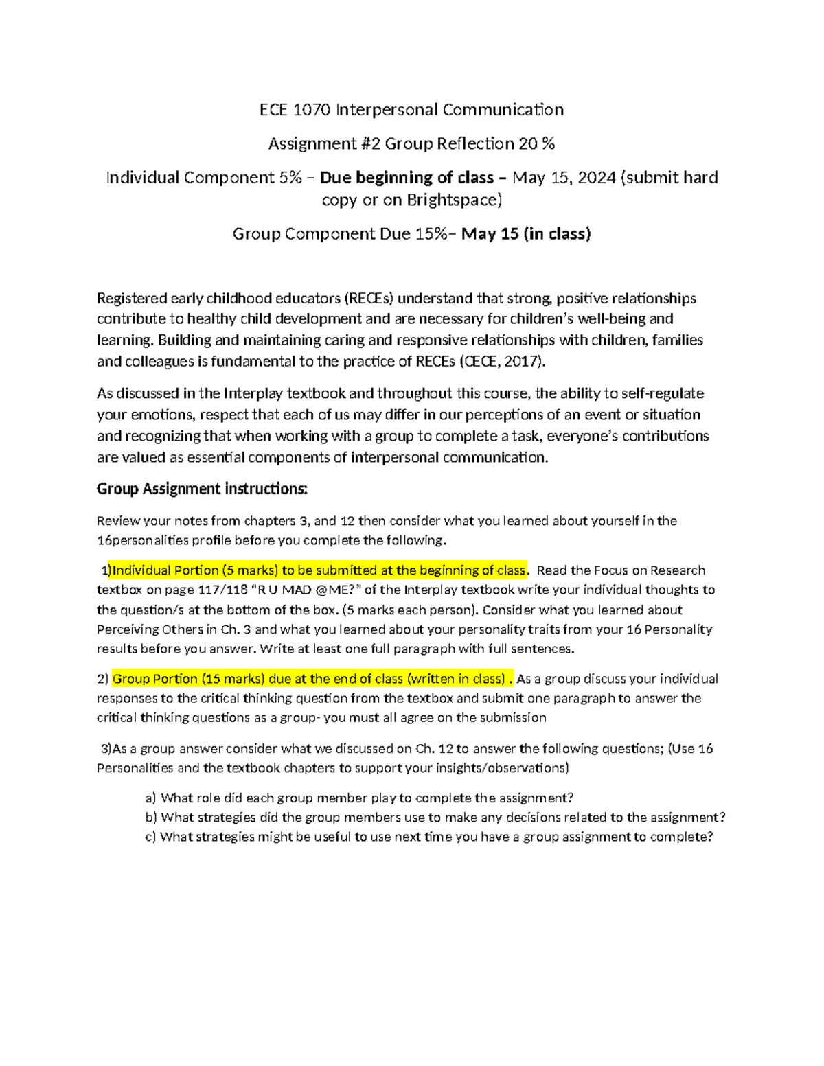 Assignment#2 Group Reflection - ECE 1070 Interpersonal Communication Assignment #2 Group ...