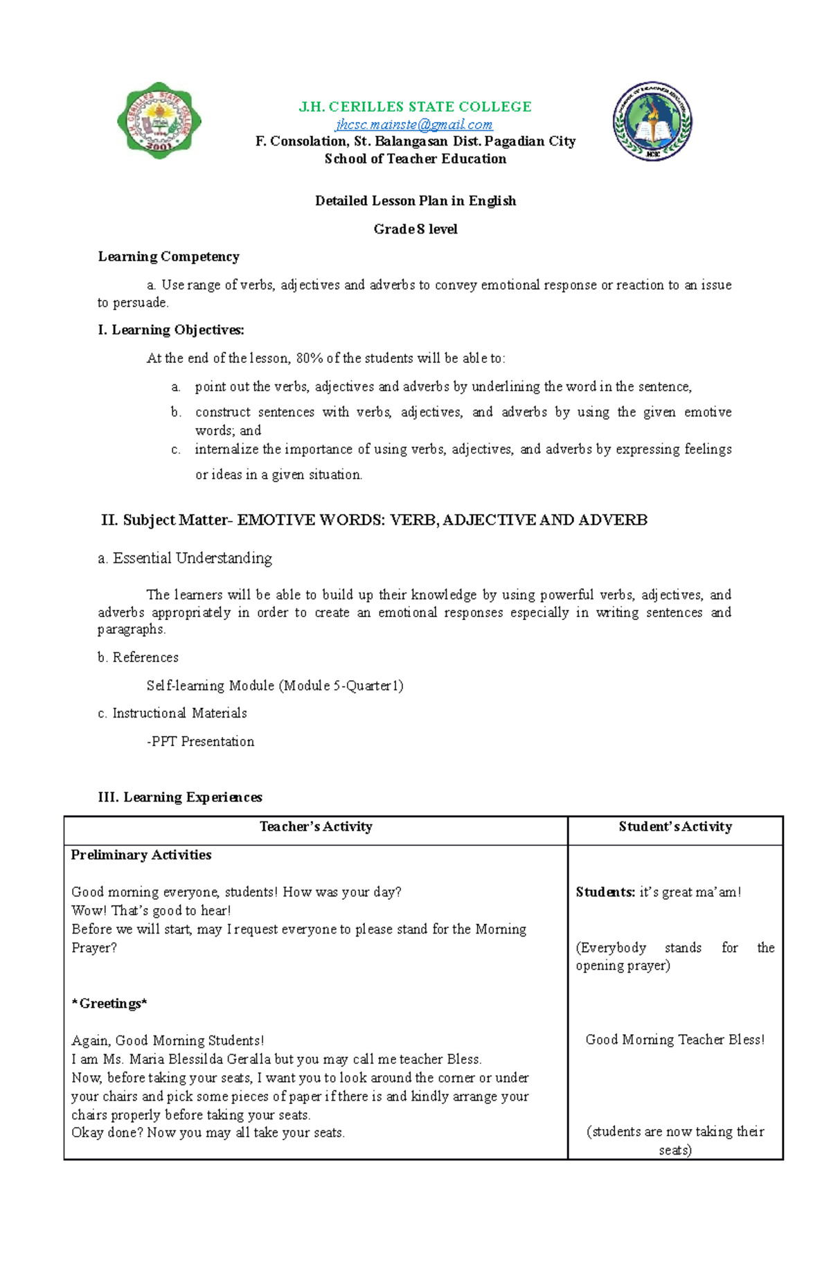 Geralla Lesson Plan 1 (ok) - J. CERILLES STATE COLLEGE jhcsc@gmail F ...