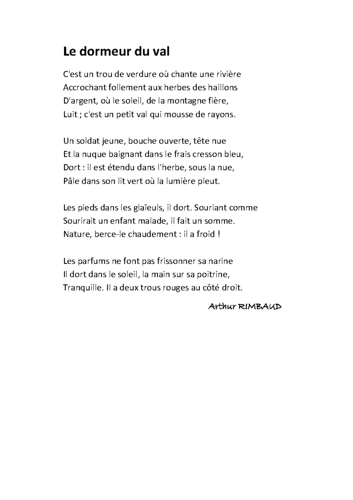 Le dormeur du val - poème - Le dormeur du val C'est un trou de verdure ...