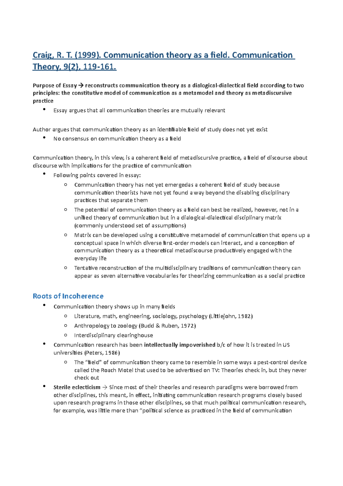 Craig - noter - Craig, R. T. (1999). Communication theory as a field ...