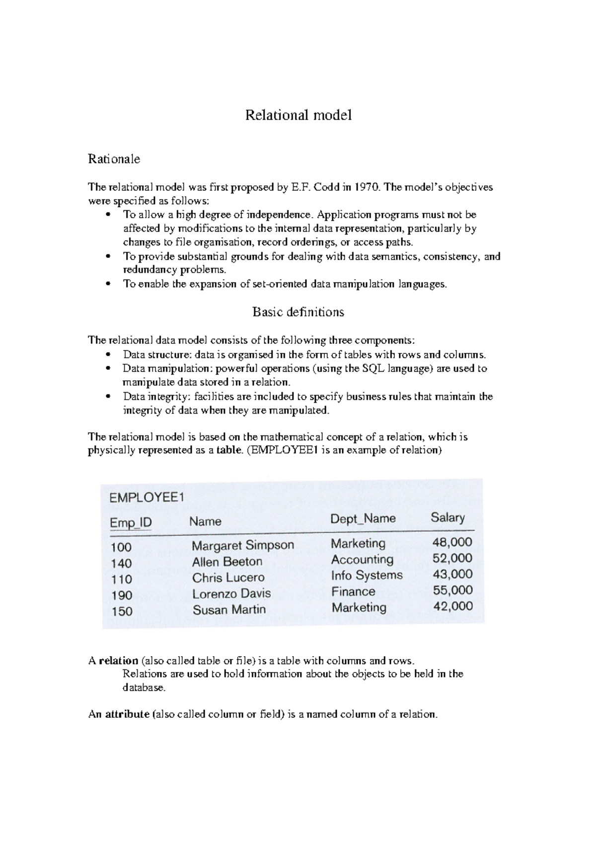 220CT - Relational Model Lecture Notes - Relational model Rationale The ...