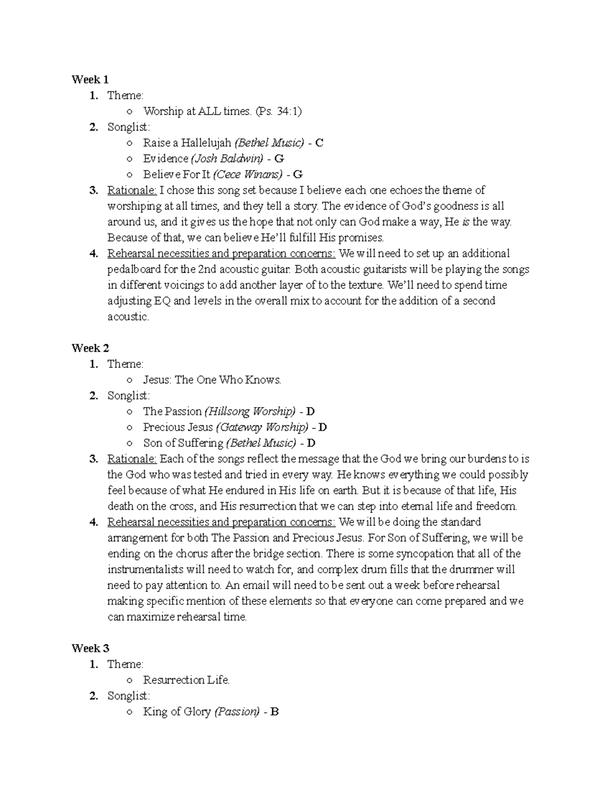 WMUS 400-B01 Monthly Overview Outline - Week 1 1. Theme: Worship at ALL ...