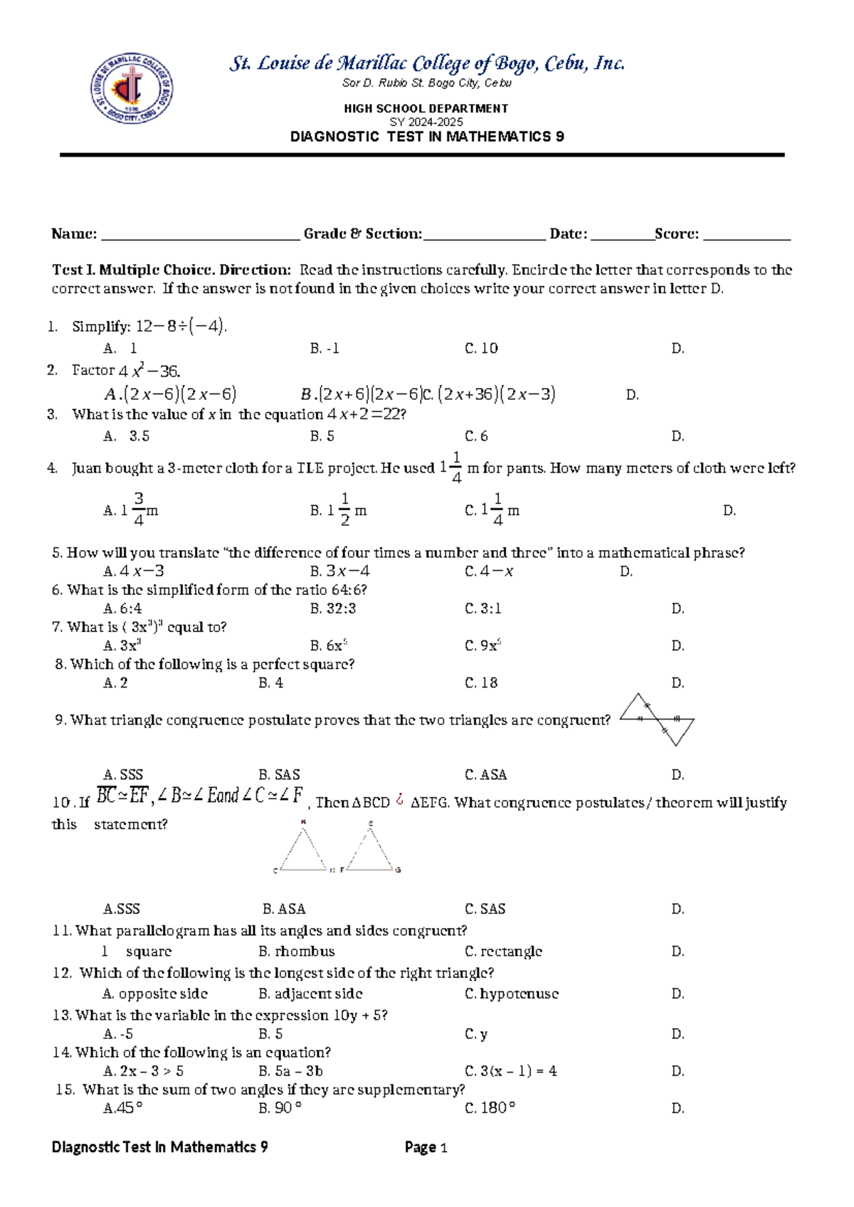 Diagnostic Test in Mathematics 9 - St. Louise de Marillac College of ...