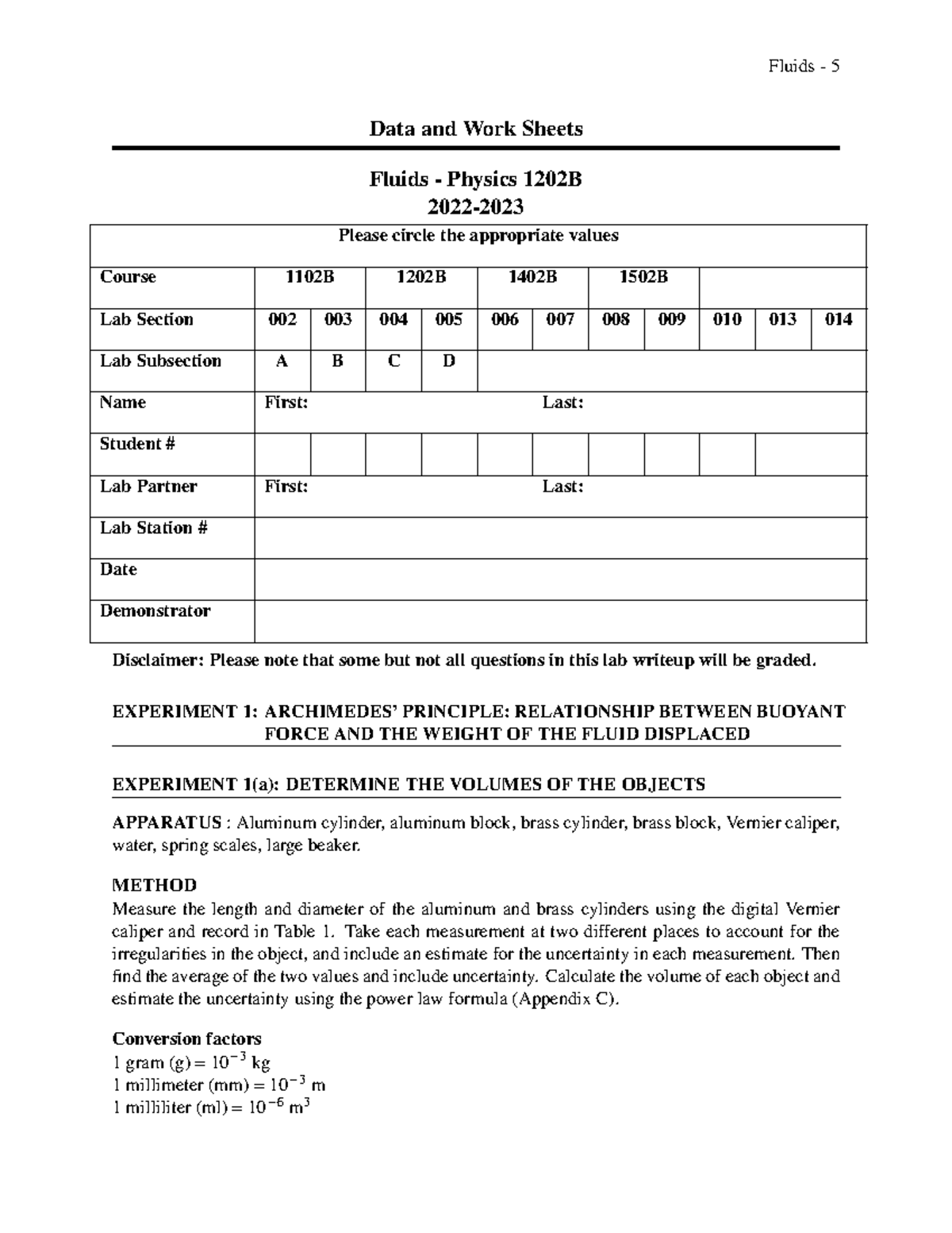 Physics 1202 - Fluids - worksheets -Winter 2023 - Data and Work Sheets ...