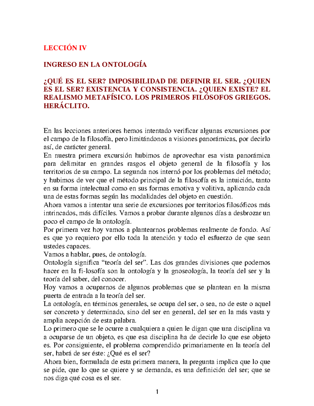 Lecciones preliminares de filosofía lección 4 y 5 - LECCIÓN IV INGRESO EN LA ONTOLOGÍA ¿QUÉ ES ...