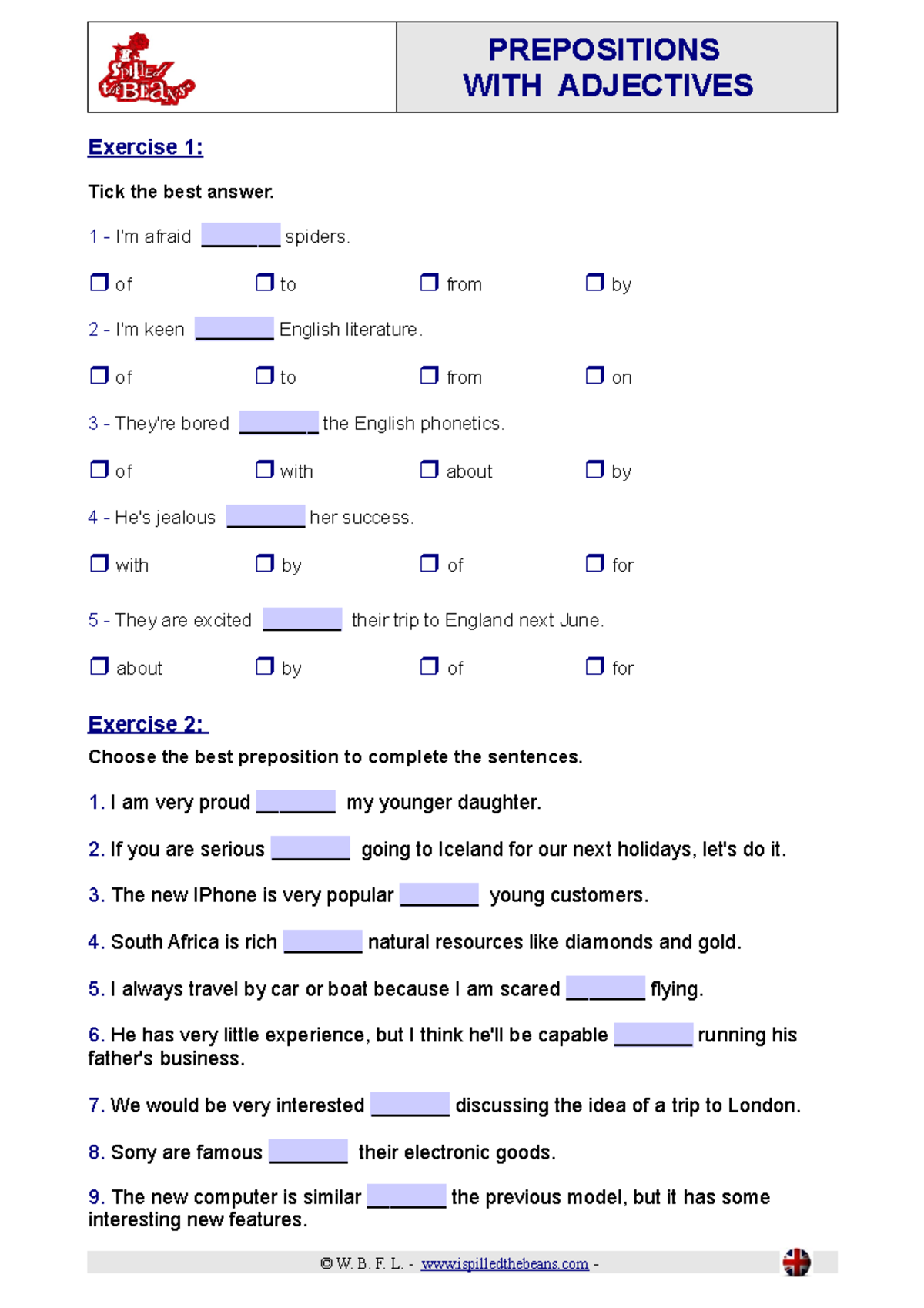 Adjectives with prepositions - PREPOSITIONS WITH ADJECTIVES Exercise 1 ...
