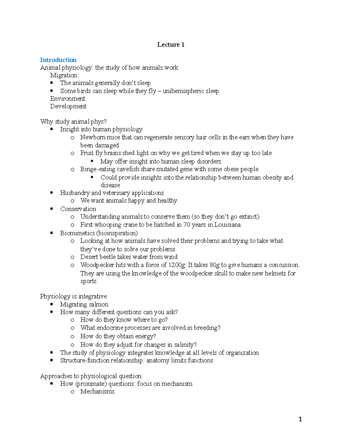 Lecture 1 CD Notes - Lecture 1 Introduction Animal physiology: the ...