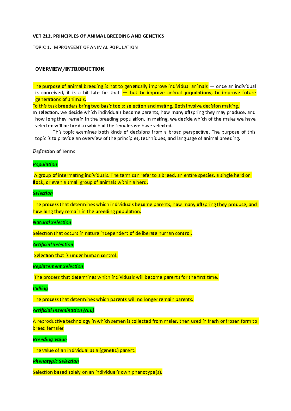 VET 212.Improvement of Animal Population - VET 212. PRINCIPLES OF ...