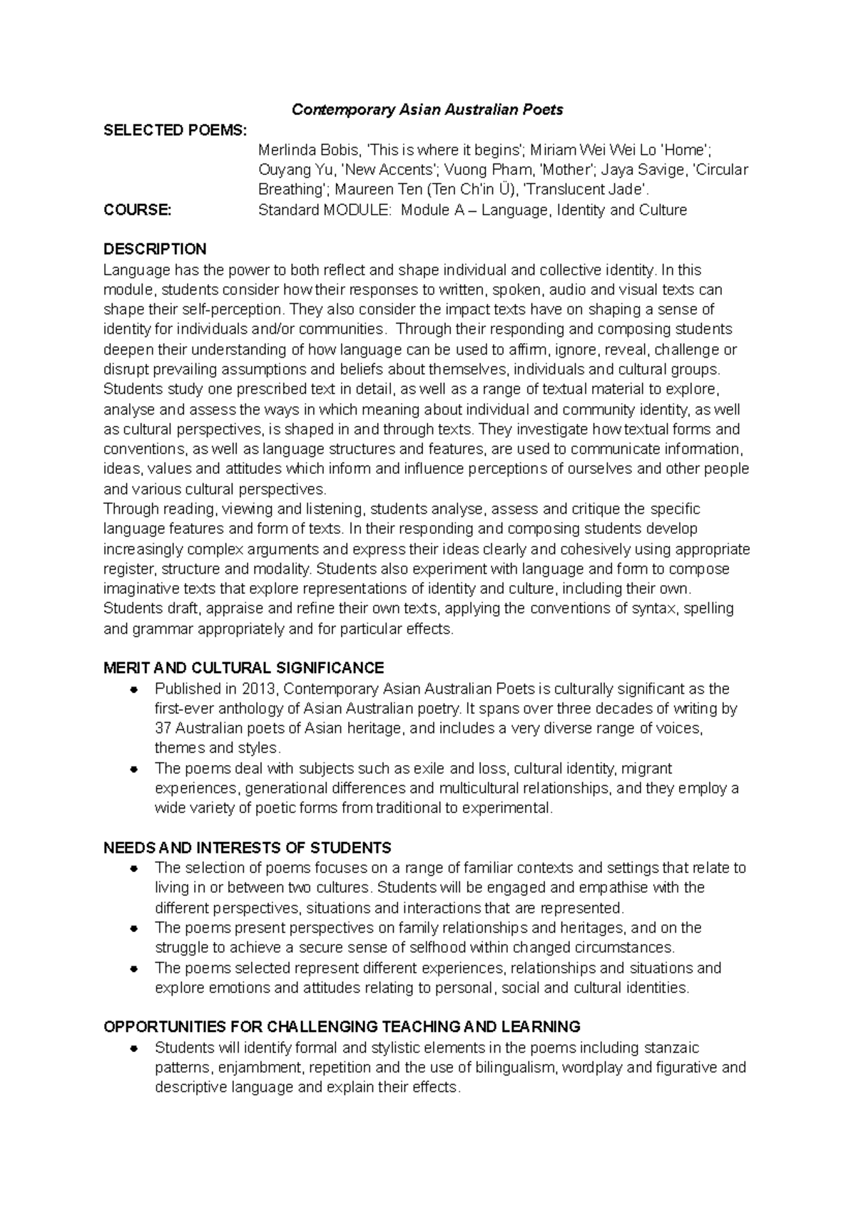 The Poems set for study - Contemporary Asian Australian Poets SELECTED ...