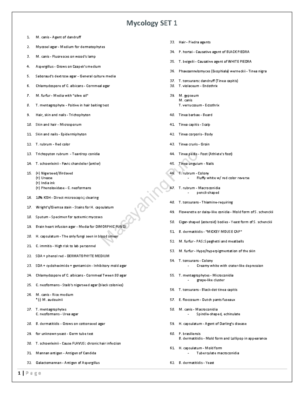 Mycology SET 1 - Brief Summary of Myco - M asayahing Puno M. canis ...