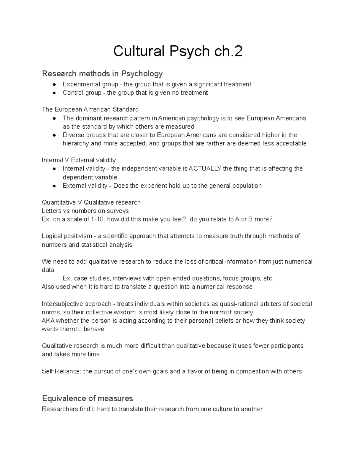Cultural Psych ch - Ch. 2 Notes - Cultural Psych ch. Research methods ...