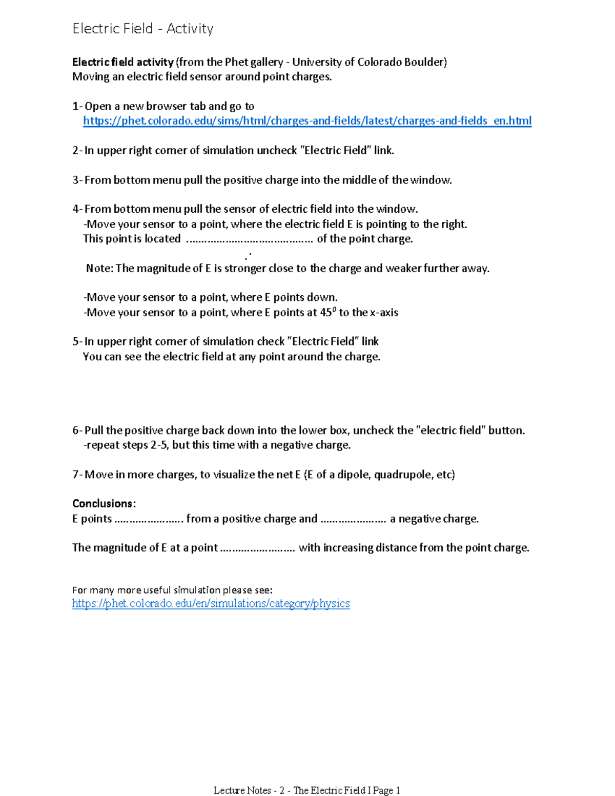 The Electric Field I - activity - Electric field activity (from the ...