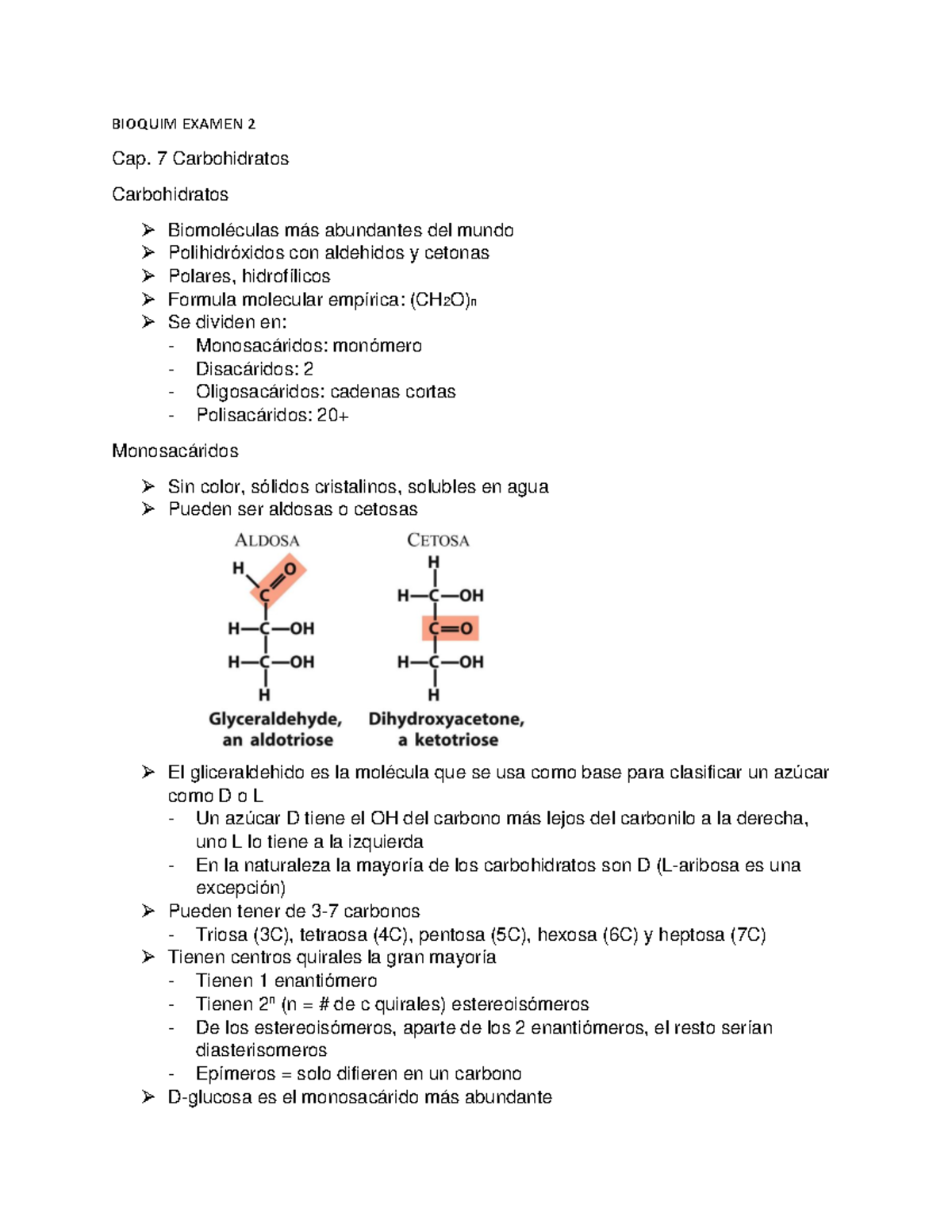 Bioquim Examen 2 - repaso ex2 - BIOQUIM EXAMEN 2 Cap. 7 Carbohidratos Carbohidratos Biomoléculas ...