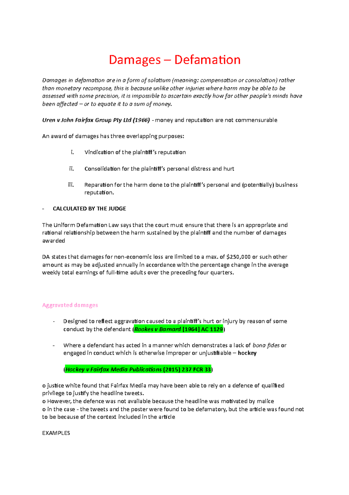Damages - defamation - Lecture notes 1-3 - Damages – Defamation Damages ...