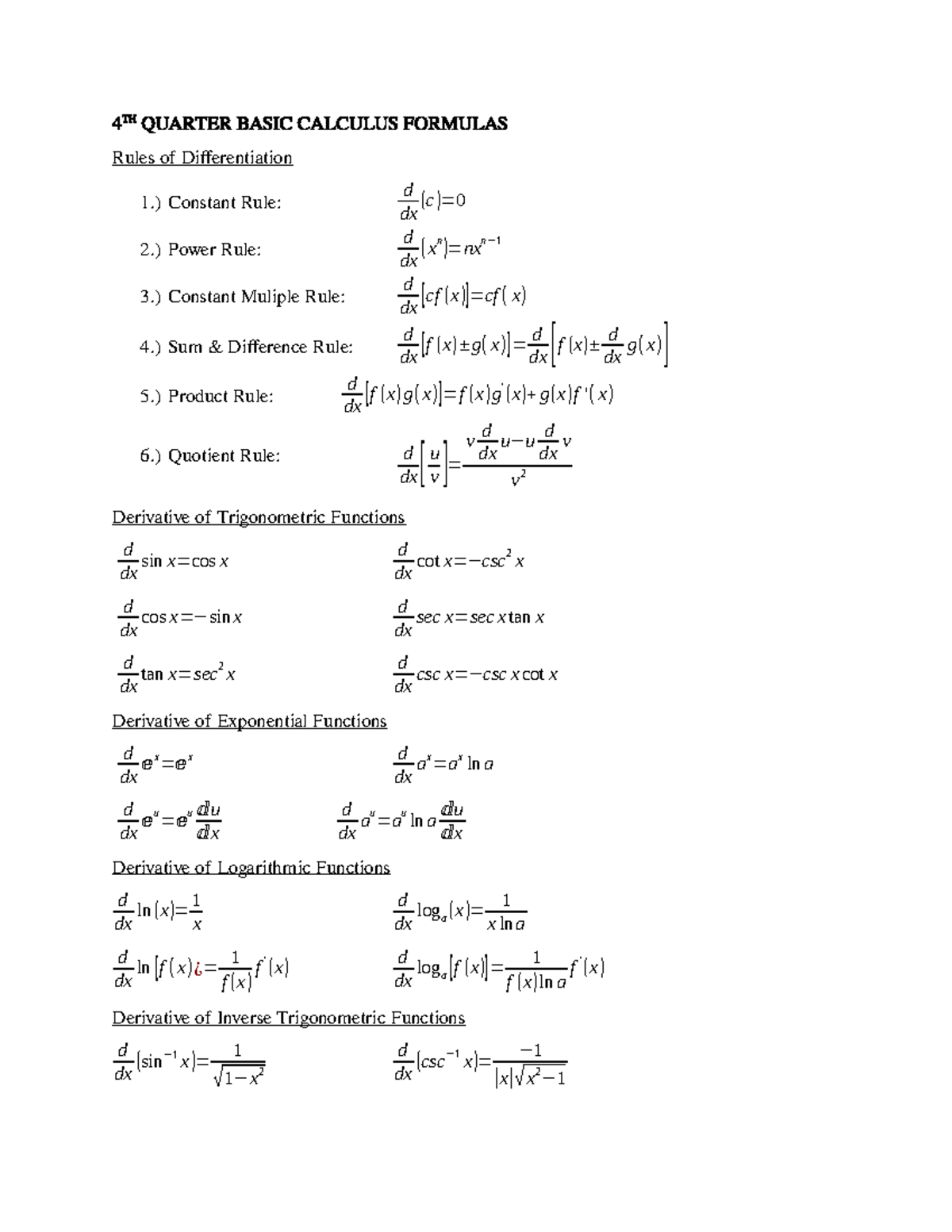 4th Quarter Basic Calculus Formulas 4 Th Quarter Basic Calculus