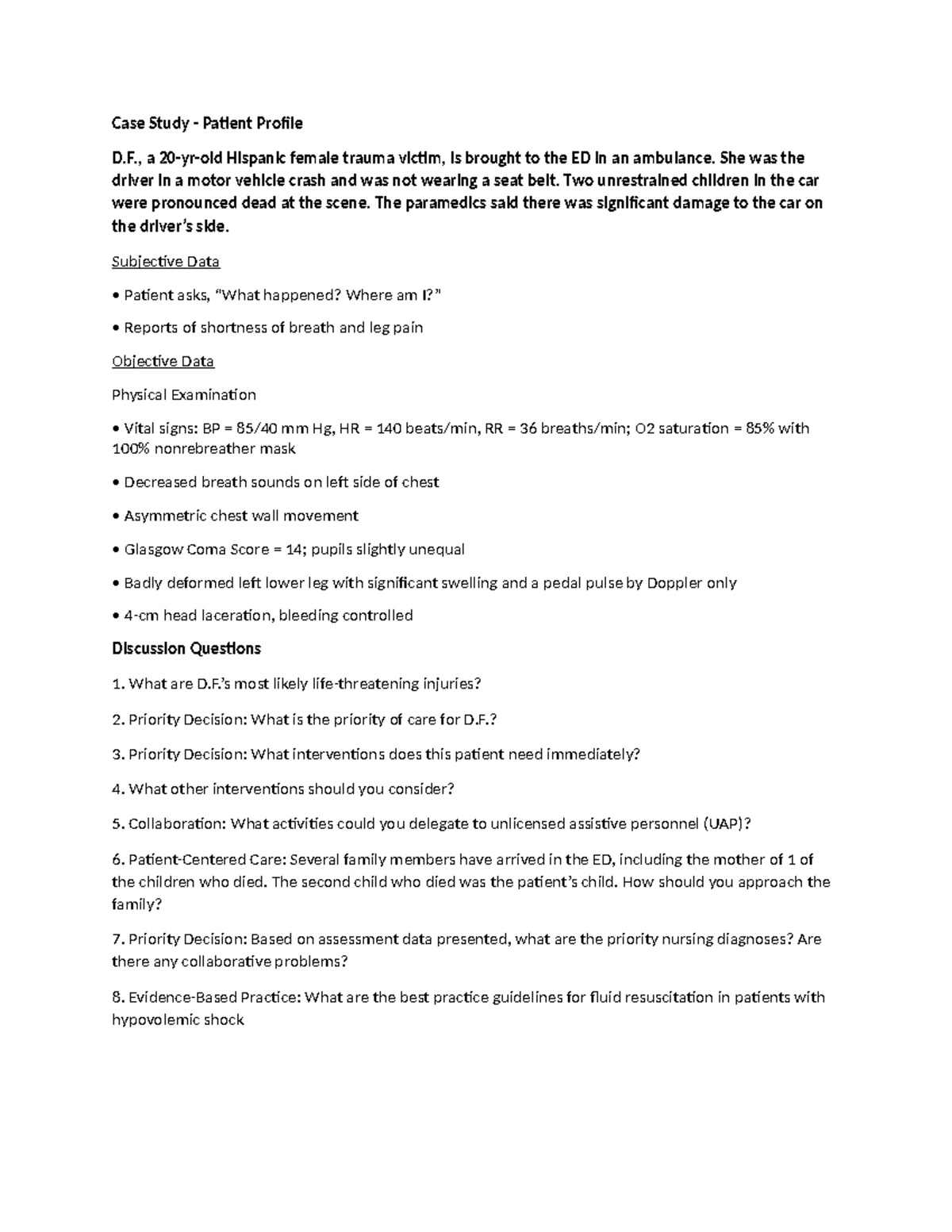 Case studies - in class assignment - Case Study - Patient Profile D., a ...
