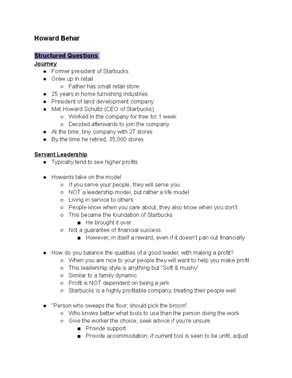 Lecture Notes - Howard Behar - Howard Behar Structured Questions ...
