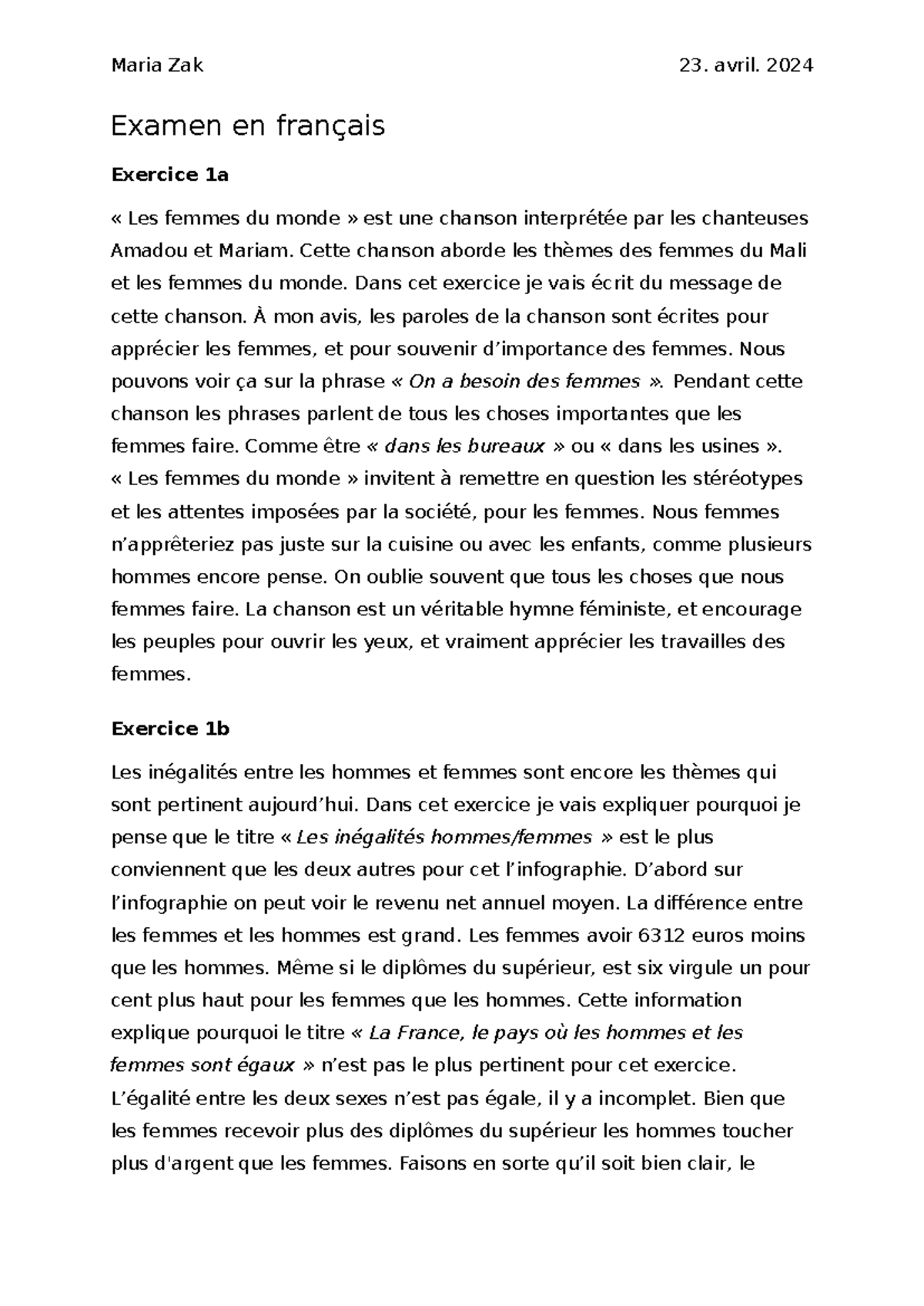 Test en français - Examen en français Exercice 1a « Les femmes du monde ...
