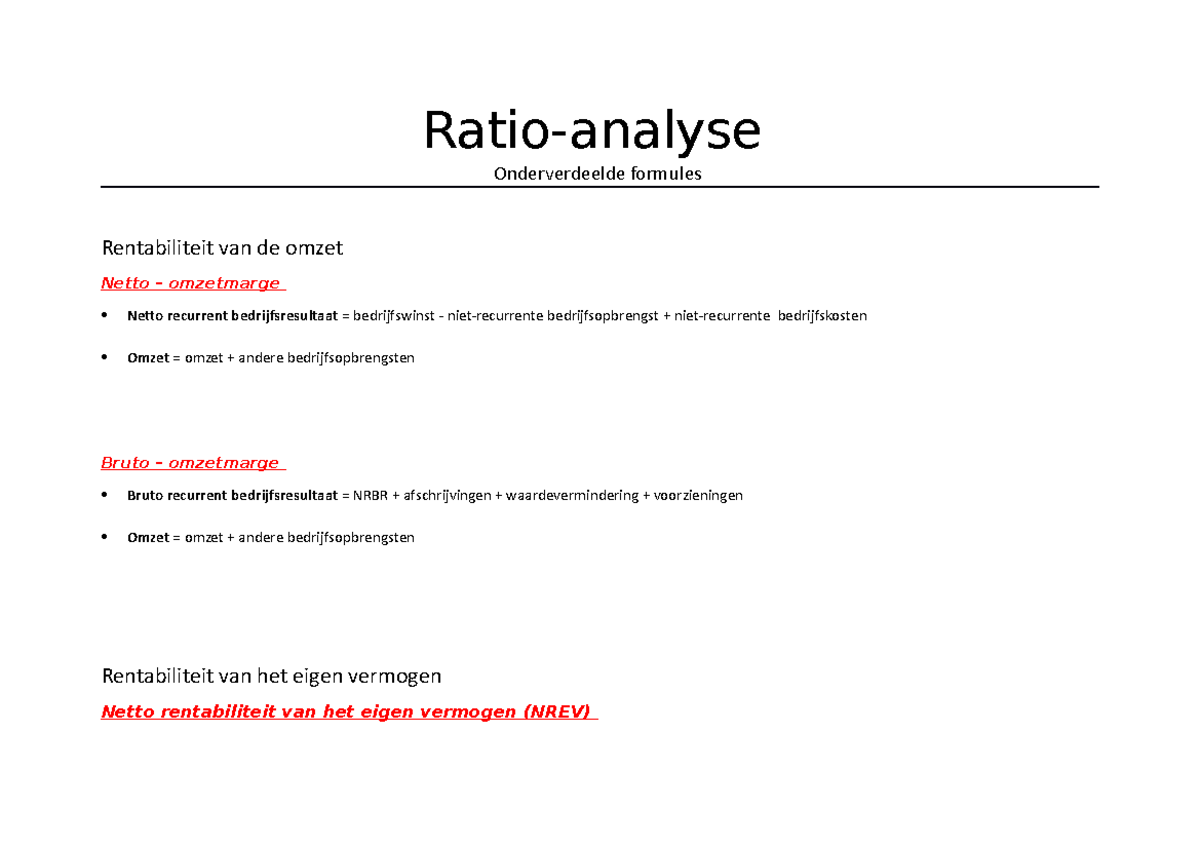 Ratio formules uitgebreid - Ratio-analyse Onderverdeelde formules ...