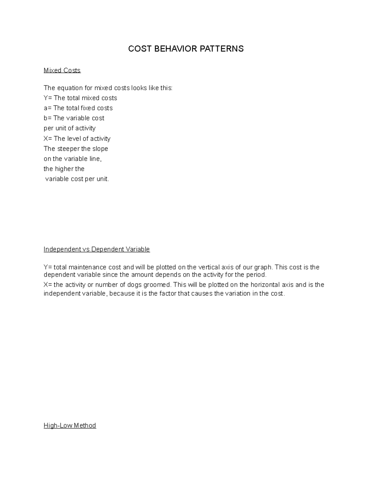 Accounting for Managers Notes 12 - COST BEHAVIOR PATTERNS Mixed Costs ...