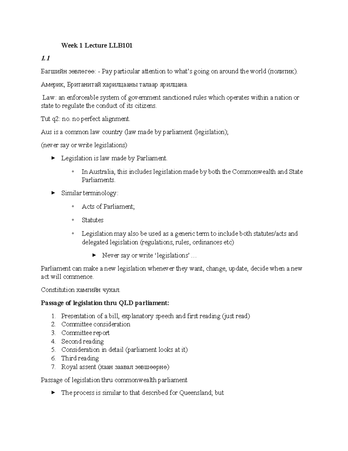 Week 1 Lecture LLB101 - Week 1 Lecture LLB 1. Багшийн зөвлөгөө: - Pay particular attention to ...