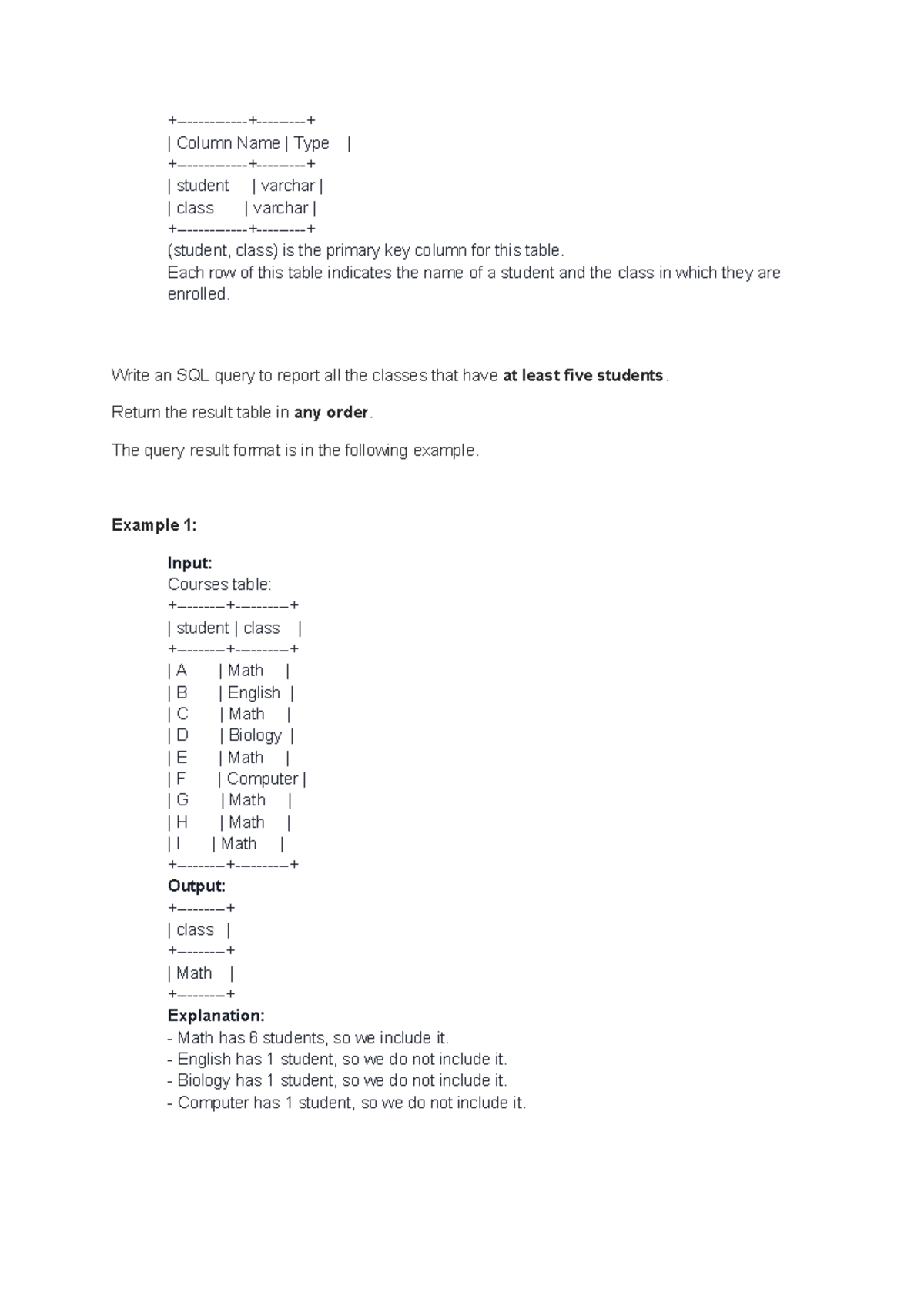 Daily-SQL-03 - sql - +-+-+ | Column Name | Type | +-+-+ | student | varchar | | class | varchar ...