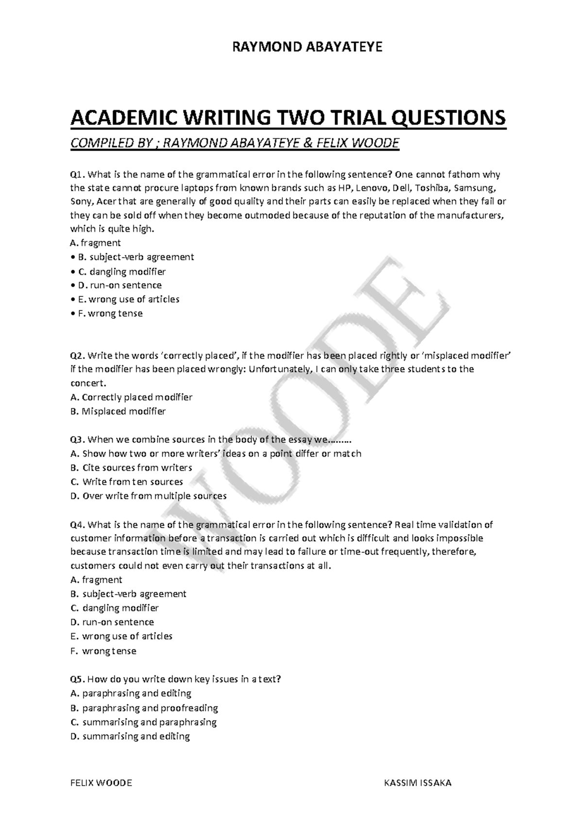 Academic Writing TWO MCQ - ACADEMIC WRITING TWO TRIAL QUESTIONS ...