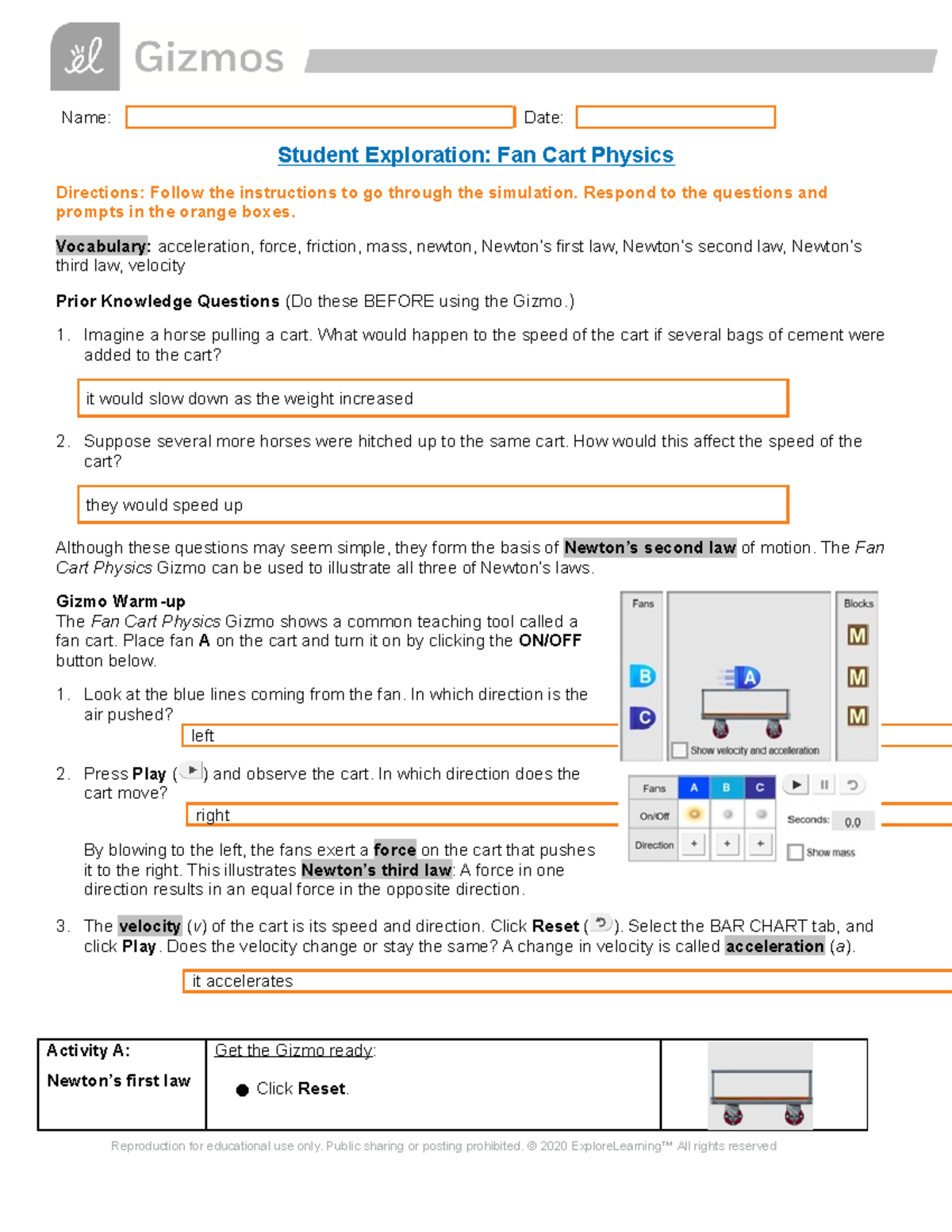 Fan Cart Physics Student Exploration 2023 - Name: Date: Student ...